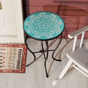 FROMJBEST Mosaic Outdoor Side Table, Patio Side Table, Weather Resistant 14" Diameter 21" H Ceramic Tile Round Outside Table for Patio, Porch, Garden, Pool, Indoor&Outdoor,Plant Stand (Cyan)