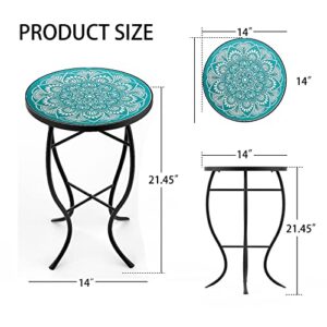 FROMJBEST Mosaic Outdoor Side Table, Patio Side Table, Weather Resistant 14" Diameter 21" H Ceramic Tile Round Outside Table for Patio, Porch, Garden, Pool, Indoor&Outdoor,Plant Stand (Cyan)