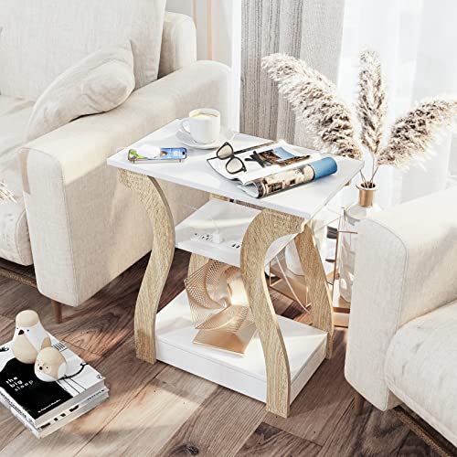 FROMJBEST End Table with Charging Station, Side Table with USB Ports and Outlets, Nightstand, 3 Tier End Table with Storage Shelf for Living Room, Bedroom (White)