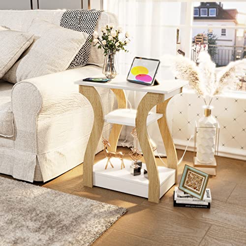 FROMJBEST End Table with Charging Station, Side Table with USB Ports and Outlets, Nightstand, 3 Tier End Table with Storage Shelf for Living Room, Bedroom (White)