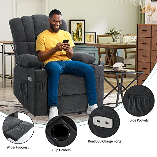 YITAHOME Glider Rocker Recliner Chair with Massage and Heat, Fabric Recliner Chair, Manual Rocking Recliner Chair with 2 Cup Holders, USB Charge Port and Side Pocket,Grey