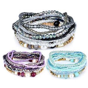 mengpa stackable beaded bracelets for women bohemian layering strand statement jewelry grey green purple(3pcs-) us3207abc