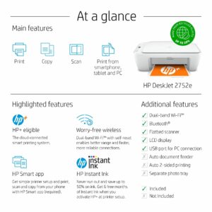 HP DeskJet 2742e Series Inkjet Color All-in-One Printer I Print Copy Scan I Wireless USB Connectivity I Mobile Printing I Up to 4800 x 1200 DPI I Print Up to 7.5 ISO PPM I White + Printer Cable