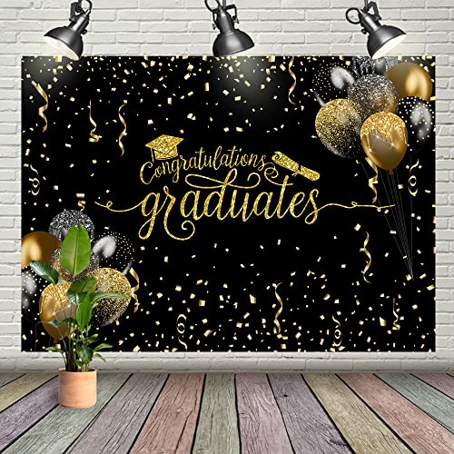 7x5ft Graduation Backdrop Congratulations Graduates Background Class of 2023 Black and Gold Balloon with Ribbon Caps Prom Photography for Senior Year Graduation Party Decoration Banner Supplies