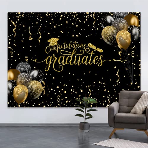 7x5ft Graduation Backdrop Congratulations Graduates Background Class of 2023 Black and Gold Balloon with Ribbon Caps Prom Photography for Senior Year Graduation Party Decoration Banner Supplies