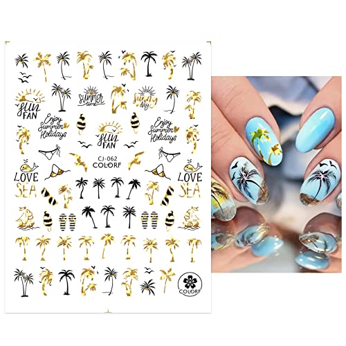 JMEOWIO 9 Sheets Beach Nail Art Stickers Decals Self-Adhesive Pegatinas Uñas Summer Tropical Ocean Shark Nail Supplies Nail Art Design Decoration Accessories