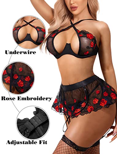 Avidlove Women's Lingerie Set with Garter Mesh Underwire Lingerie Set 3 Piece Lingerie Set Babydoll Lingerie(Red,Large)