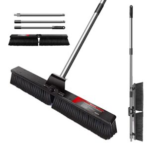 hevol push broom, 24" wide floor scrub brush with stiff bristles and 57” long stainless steel handle, garage heavy duty broom outdoor push broom for bathroom kitchen yard patio deck, black