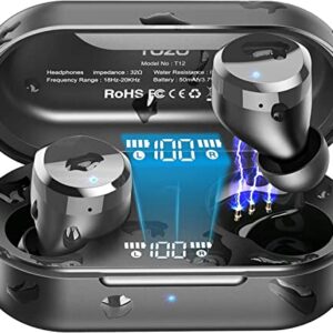 TOZO T12 2022 Wireless Earbuds Bluetooth 5.3 Headphones Premium Sound Performance Touch Control LED Digital Display Wireless Charging Case Earphones Dark Black (Renewed)