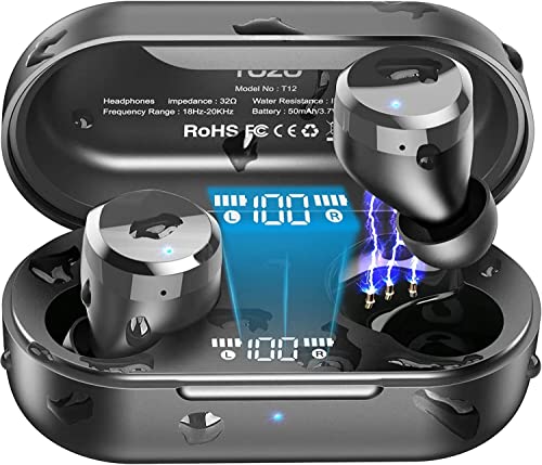 TOZO T12 2022 Wireless Earbuds Bluetooth 5.3 Headphones Premium Sound Performance Touch Control LED Digital Display Wireless Charging Case Earphones Dark Black (Renewed)