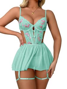 wdirara women's floral embroidery mesh split cut out babydoll lingerie slip dress light green s