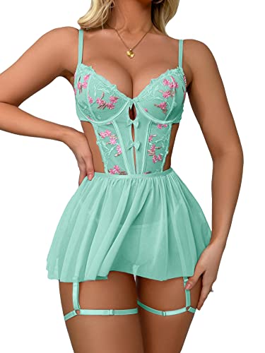 WDIRARA Women's Floral Embroidery Mesh Split Cut Out Babydoll Lingerie Slip Dress Light Green S