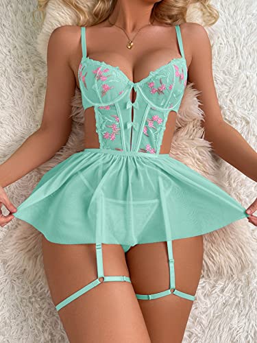 WDIRARA Women's Floral Embroidery Mesh Split Cut Out Babydoll Lingerie Slip Dress Light Green S