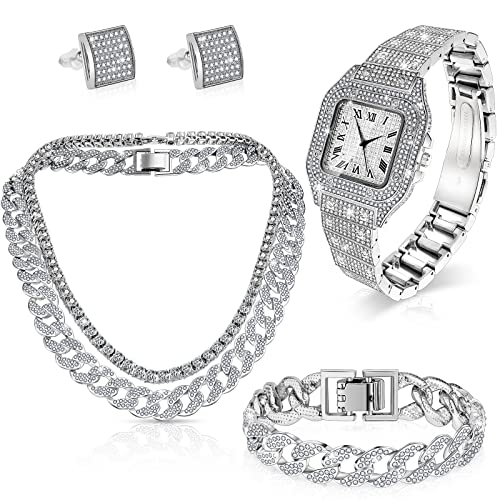 5 Pcs Hip Hop Jewelry Set with Miami Cuban Link Chain Necklace Bracelet Bling Crystal Diamond Watch Rhinestone Earrings (Silver, Men)