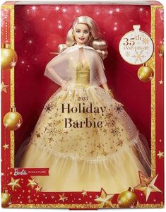 barbie 2023 holiday barbie doll, seasonal collector gift, barbie signature, golden gown and displayable packaging, blonde hair