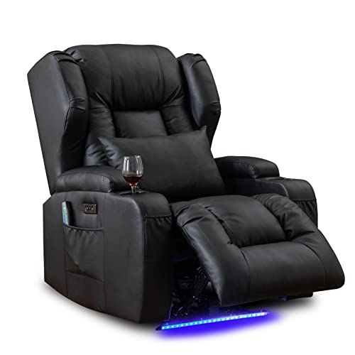 VUYUYU Power Recliner Chair with Heat and Massage, Faux Leather Recliner Sofa Chairs for Living Room Home Theater Seating with LED Lights/Cup Holders/Side Pocket/USB Port/Infinite Position (Black)