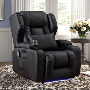 VUYUYU Power Recliner Chair with Heat and Massage, Faux Leather Recliner Sofa Chairs for Living Room Home Theater Seating with LED Lights/Cup Holders/Side Pocket/USB Port/Infinite Position (Black)