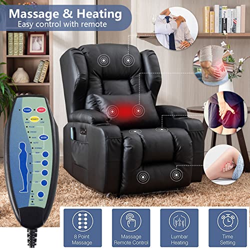 VUYUYU Power Recliner Chair with Heat and Massage, Faux Leather Recliner Sofa Chairs for Living Room Home Theater Seating with LED Lights/Cup Holders/Side Pocket/USB Port/Infinite Position (Black)