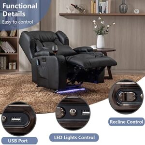 VUYUYU Power Recliner Chair with Heat and Massage, Faux Leather Recliner Sofa Chairs for Living Room Home Theater Seating with LED Lights/Cup Holders/Side Pocket/USB Port/Infinite Position (Black)