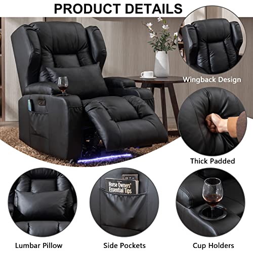 VUYUYU Power Recliner Chair with Heat and Massage, Faux Leather Recliner Sofa Chairs for Living Room Home Theater Seating with LED Lights/Cup Holders/Side Pocket/USB Port/Infinite Position (Black)