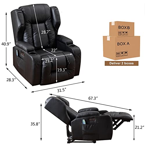 VUYUYU Power Recliner Chair with Heat and Massage, Faux Leather Recliner Sofa Chairs for Living Room Home Theater Seating with LED Lights/Cup Holders/Side Pocket/USB Port/Infinite Position (Black)