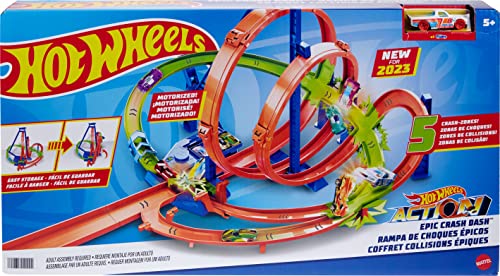 Hot Wheels Track Set, Epic Crash Dash with 5 Crash Zones, Motorized Booster and 1 Hot Wheels 1:64 Scale Toy Car, Easy Storage