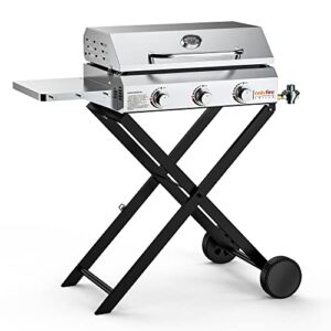 onlyfire portable bbq gas griddle 3 burners, stainless steel flat top gas grill griddle stove with lid, side table, foldable cart & wheels for outdoor kitchen, patio backyard and camping