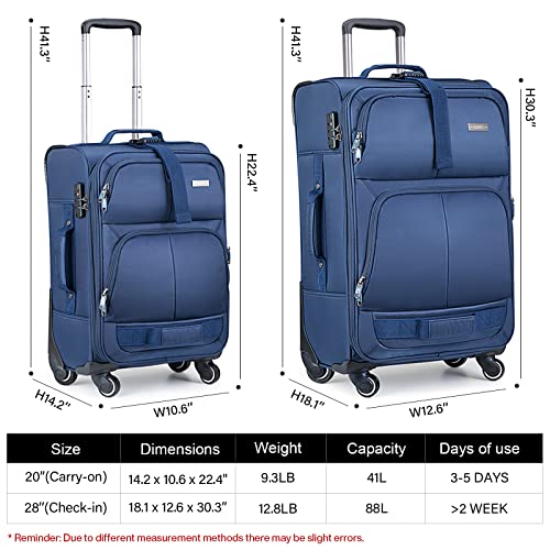 Hanke Luggage Sets 2 Piece 20/28 Inch Softside Expandable Carry On Luggage Checked luggage Large Suitcase with Lock Travel Luggage Suitcases with Wheels Upright Rolling Luggage for Women Men