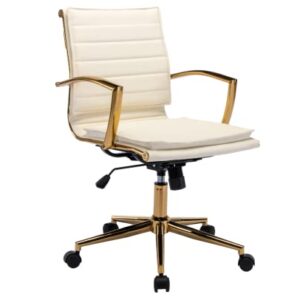 CIMOTA Leather Office Chair Comfortable Mid-Back Gold Office Desk Chair with Wheels and Arms Gold Frame Modern Ergonomic Conference Task Chair Swivel Chair for Teens Adults, PU Beige