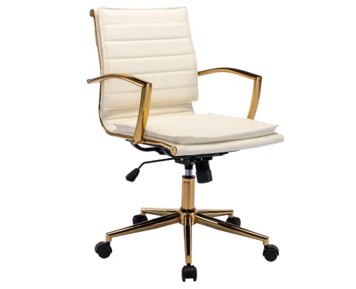 CIMOTA Leather Office Chair Comfortable Mid-Back Gold Office Desk Chair with Wheels and Arms Gold Frame Modern Ergonomic Conference Task Chair Swivel Chair for Teens Adults, PU Beige