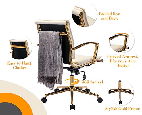 CIMOTA Leather Office Chair Comfortable Mid-Back Gold Office Desk Chair with Wheels and Arms Gold Frame Modern Ergonomic Conference Task Chair Swivel Chair for Teens Adults, PU Beige