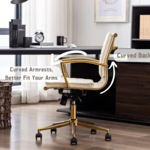 CIMOTA Leather Office Chair Comfortable Mid-Back Gold Office Desk Chair with Wheels and Arms Gold Frame Modern Ergonomic Conference Task Chair Swivel Chair for Teens Adults, PU Beige