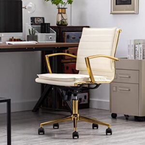 CIMOTA Leather Office Chair Comfortable Mid-Back Gold Office Desk Chair with Wheels and Arms Gold Frame Modern Ergonomic Conference Task Chair Swivel Chair for Teens Adults, PU Beige