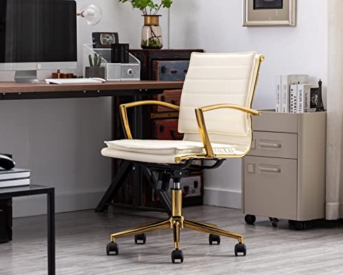 CIMOTA Leather Office Chair Comfortable Mid-Back Gold Office Desk Chair with Wheels and Arms Gold Frame Modern Ergonomic Conference Task Chair Swivel Chair for Teens Adults, PU Beige