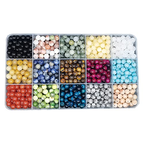 750pcs 6mm Natural Round Stone Beads Real Gemstone Beading Loose Gemstone Hole Size 1mm Smooth Beads for Bracelet Necklace Earrings Jewelry Making,Box Packed(15 Colors-3,6mm)