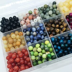 750pcs 6mm Natural Round Stone Beads Real Gemstone Beading Loose Gemstone Hole Size 1mm Smooth Beads for Bracelet Necklace Earrings Jewelry Making,Box Packed(15 Colors-3,6mm)