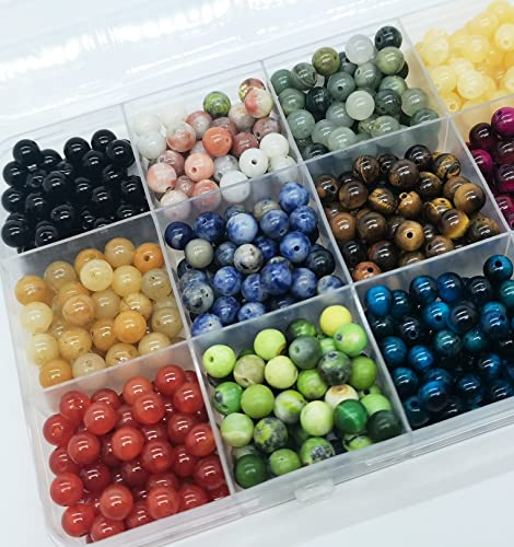 750pcs 6mm Natural Round Stone Beads Real Gemstone Beading Loose Gemstone Hole Size 1mm Smooth Beads for Bracelet Necklace Earrings Jewelry Making,Box Packed(15 Colors-3,6mm)