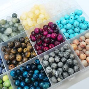 750pcs 6mm Natural Round Stone Beads Real Gemstone Beading Loose Gemstone Hole Size 1mm Smooth Beads for Bracelet Necklace Earrings Jewelry Making,Box Packed(15 Colors-3,6mm)