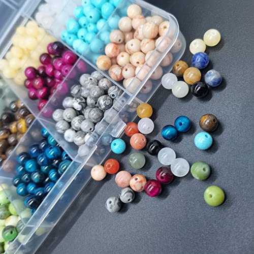 750pcs 6mm Natural Round Stone Beads Real Gemstone Beading Loose Gemstone Hole Size 1mm Smooth Beads for Bracelet Necklace Earrings Jewelry Making,Box Packed(15 Colors-3,6mm)