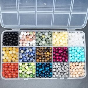 750pcs 6mm Natural Round Stone Beads Real Gemstone Beading Loose Gemstone Hole Size 1mm Smooth Beads for Bracelet Necklace Earrings Jewelry Making,Box Packed(15 Colors-3,6mm)