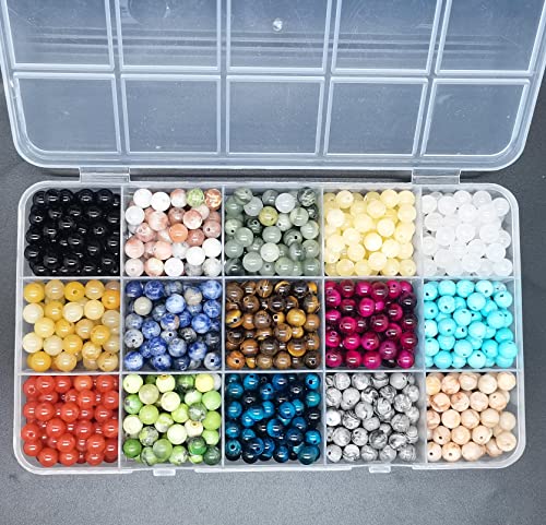 750pcs 6mm Natural Round Stone Beads Real Gemstone Beading Loose Gemstone Hole Size 1mm Smooth Beads for Bracelet Necklace Earrings Jewelry Making,Box Packed(15 Colors-3,6mm)