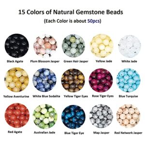 750pcs 6mm Natural Round Stone Beads Real Gemstone Beading Loose Gemstone Hole Size 1mm Smooth Beads for Bracelet Necklace Earrings Jewelry Making,Box Packed(15 Colors-3,6mm)