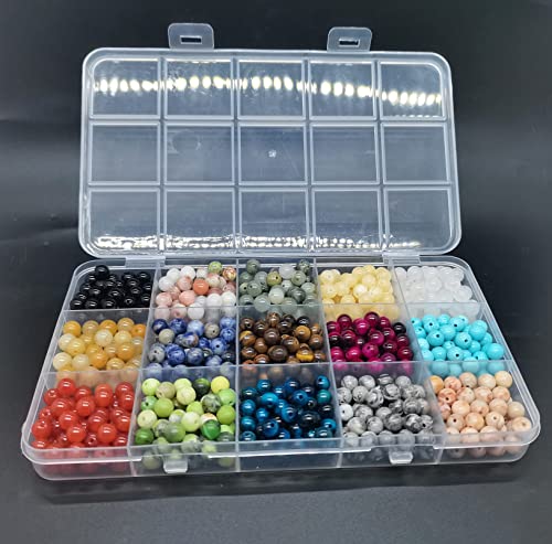 750pcs 6mm Natural Round Stone Beads Real Gemstone Beading Loose Gemstone Hole Size 1mm Smooth Beads for Bracelet Necklace Earrings Jewelry Making,Box Packed(15 Colors-3,6mm)