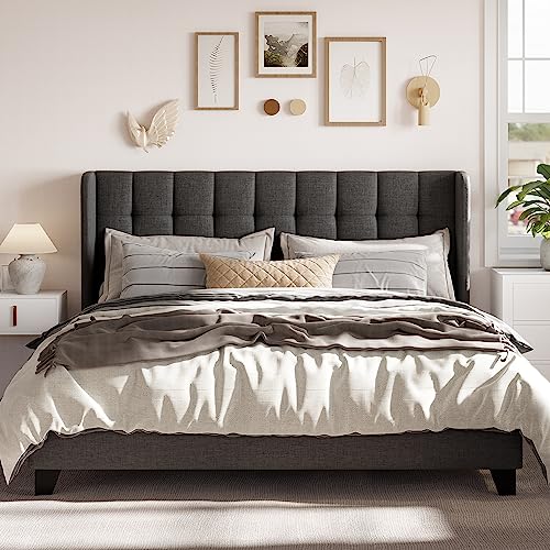 Allewie King Size Platform Bed Frame with Wingback, Upholstered Square Stitched Headboard and Wooden Slats, Mattress Foundation, Box Spring Optional, Easy Assembly, Dark Grey