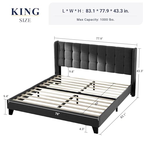 Allewie King Size Platform Bed Frame with Wingback, Upholstered Square Stitched Headboard and Wooden Slats, Mattress Foundation, Box Spring Optional, Easy Assembly, Dark Grey