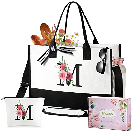 Floral Ini-tial Beach Bag w Makeup Bag, Mono-gram Can-vas Tote Bag for Women w Inner Pocket, Side Pocket, Shoulder Strap, Gift Box, Card, Personalized Gifts Women Birthday Friends Grandma Bridesmaid M