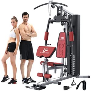 ultra fuego multifunctional home gym equipment workout station with pulley system, arm, and leg developer for full body training