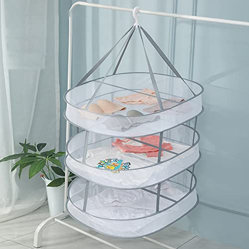 Wumuzai Sweater Drying Rack Mesh Foldable, Lay Flat Clothes Dryer Rack, Large Hanging Dry Rack for Clothes, Folding Clothing Drying Hanger, Portable for Laundry Indoor Outdoor (3-Tier)