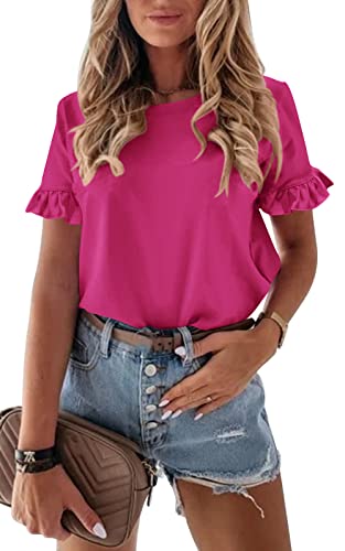 PRETTYGARDEN Women's Short Sleeve Casual T Shirts Summer Ruffle Plain Round Neck Loose Fit Tee Blouse Tops Rose Red