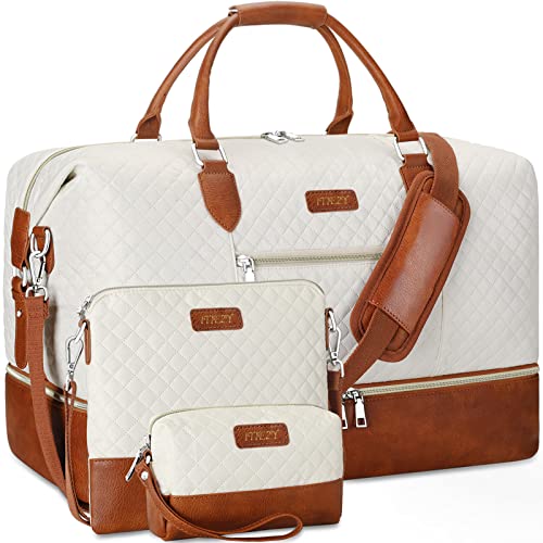 Weekender Bag for Women, Travel Duffel Bag Carry On Overnight Bag with Shoe Compartment Large Nylon Travel Tote Bag 21.5" with Toiletry Bag for Traveling Business Weekend Trip Gift 3Pcs Set (2-Beige)